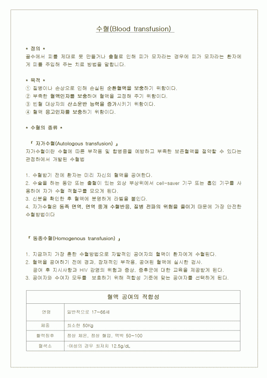 [간호학]수혈 레포트 자료