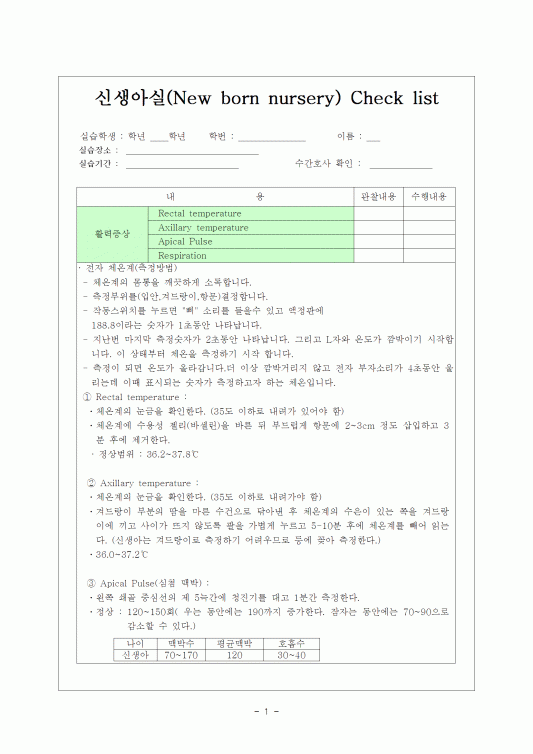 [간호학]신생아실  (New born nursery) Check list