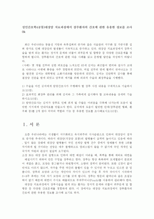 성인간호학4공통)대장암 치료과정에서 장루환자의 간호에 관한 유용한 정보를 조사0k