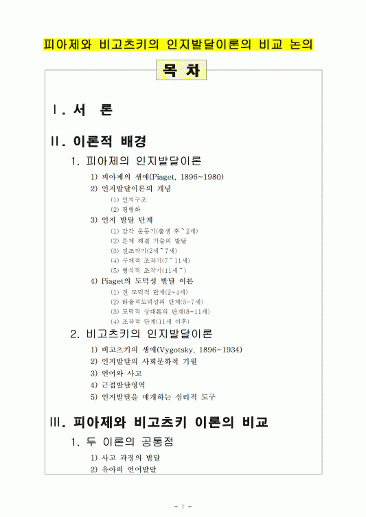 아동발달) 피아제와 비고츠키의 인지 발달 이론 비교 자료