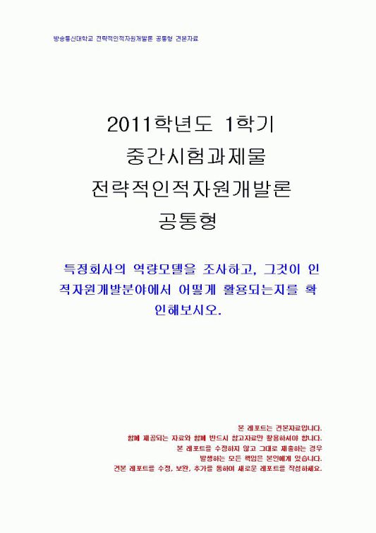 2011년 1학기 전략적인적자원개발론 중간시험과제물 공통(역량모델)