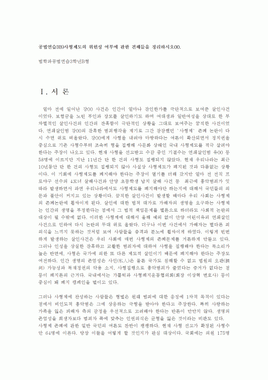공법연습3B) 사형제도의 위헌성 여부에 관한 견해들을 정리00