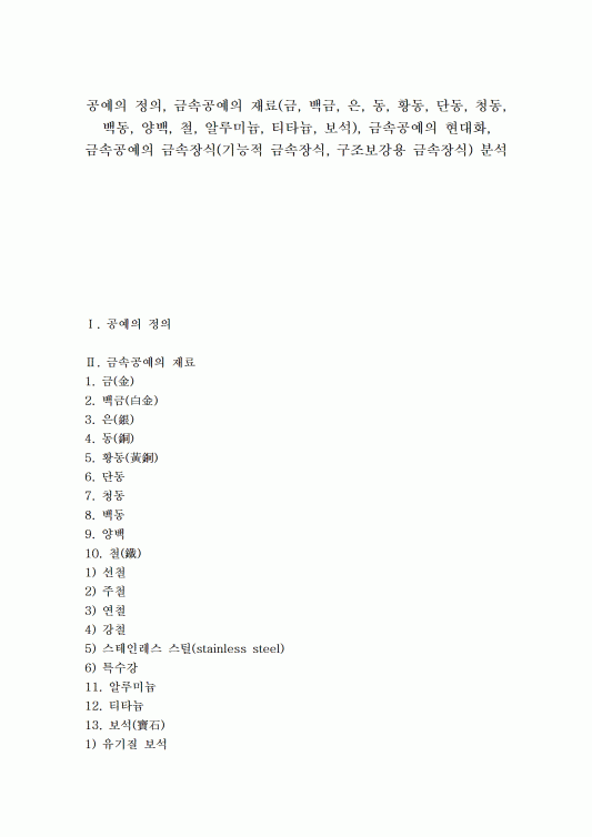 [금속공예]공예의 정의, 금속공예의 재료(금, 백금, 은, 동, 황동, 단동, 청동, 백동, 양백, 철, 알루미늄, 티타늄, 보석), 금속공예의 현대화, 금속공예의 금속장식(기능적 금속장식, 구조보강용 금속장식) 분석