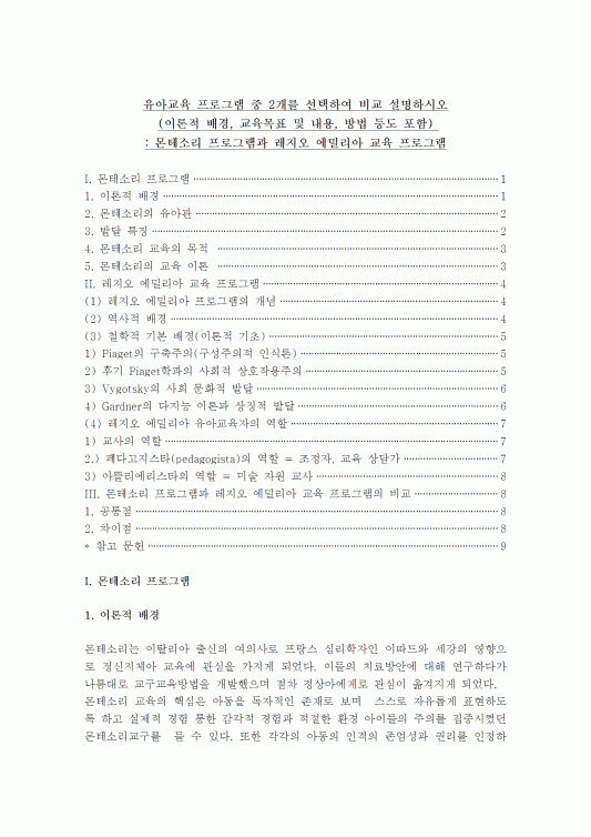 (: 몬테소리 프로그램과 레지오 에밀리아 교육 프로그램) 유아교육 프로그램 중 2개를 선택, 비교 설명(이론적 배경, 교육목표 및 내용, 방법 등도 포함)