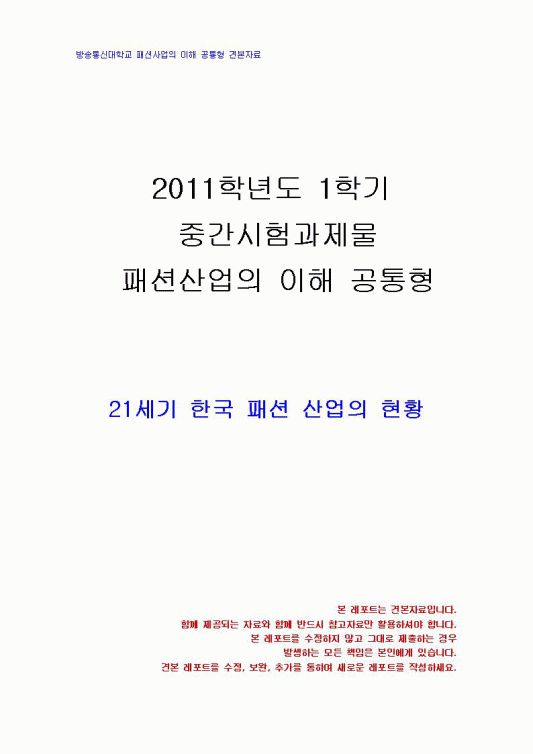 2011년 1학기 패션산업의이해 중간시험과제물 공통(21세기한국패션산업의현황)