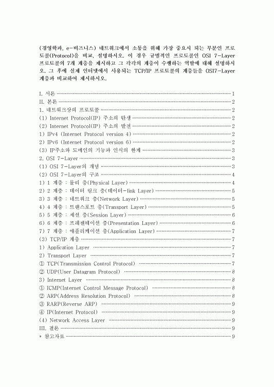 (경영학과, e-비즈니스) 규범적인 프로토콜인 OSI 7-Layer 프로토콜의 7개 계층을 제시 설명.