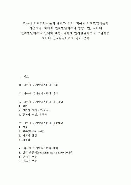 피아제 인지발달이론의 배경과 정의, 피아제 인지발달이론의 기본개념, 피아제 인지발달이론의 영향요인, 피아제 인지발달이론의 단계와 내용, 피아제 인지발달이론의 수업적용, 피아제 인지발달이론의 평가 분석