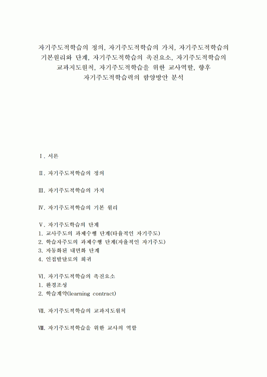 자기주도적학습의 정의, 자기주도적학습의 가치, 자기주도적학습의 기본원리와 단계, 자기주도적학습의 촉진요소, 자기주도적학습의 교과지도원칙, 자기주도적학습을 위한 교사역할, 자기주도적학습력의 함양방안