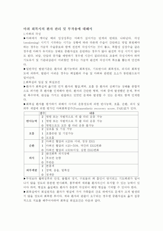 마취 회복시의 환자 관리 및 간호