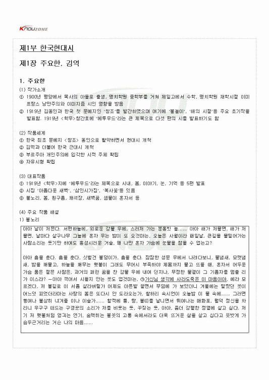 2011년 1학기 한국현대문학의 이해와 감상 출석대체시험 핵심체크