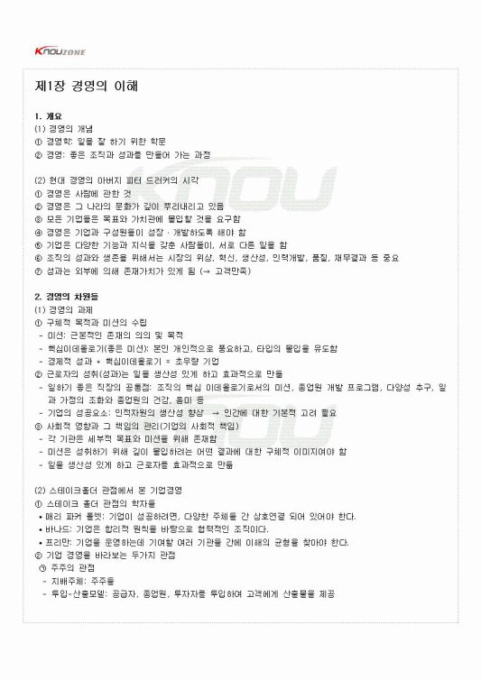 2011년 1학기 경영학개론 출석대체시험 핵심체크