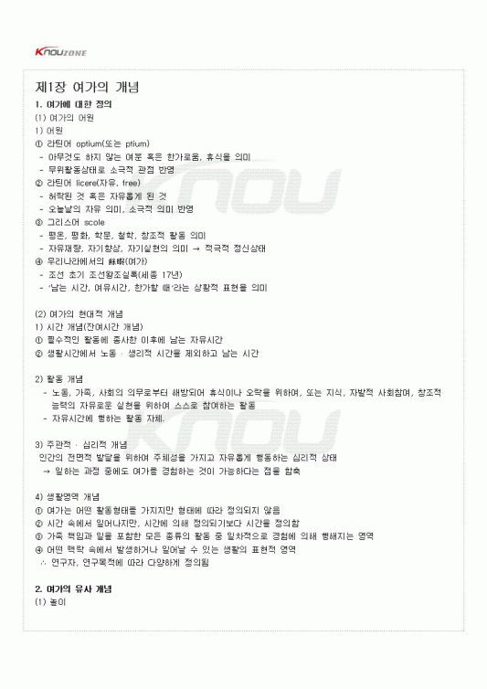 2011년 1학기 여가관리 출석대체시험 핵심체크