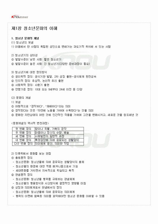 2011년 1학기 청소년문화 출석대체시험 핵심체크