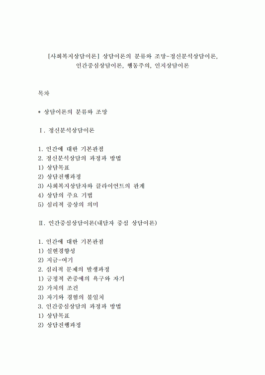 [사회복지상담이론] 상담이론의 분류와 조망-정신분석상담이론, 인간중심상담이론, 행동주의, 인지상담이론