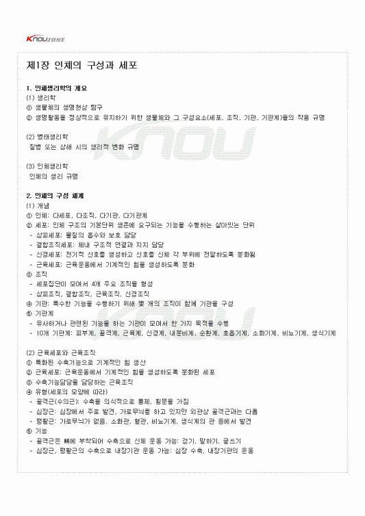 2011년 1학기 인체생리학 출석대체시험 핵심체크