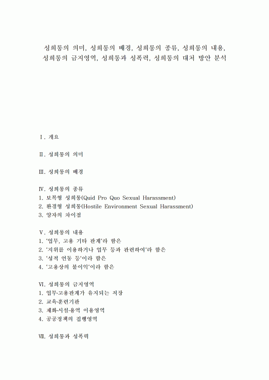 [성희롱][성희롱의 내용][성희롱의 금지영역][성폭력][성희롱의 대처방안]성희롱의 의미, 성희롱의 배경, 성희롱의 종류, 성희롱의 내용, 성희롱의 금지영역, 성희롱과 성폭력, 성희롱의 대처 방안 분석