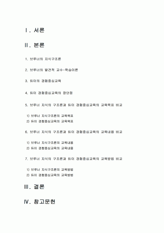 [브루너지식구조론, 듀이경험중심교육]브루너지식구조론과 듀이경험중심교육을 교육목표교육내용교육방법의 측면에서 비교설명하시오