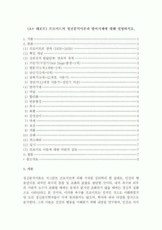 프로이드의 정신분석이론과 방어기제에 대해 설명.
