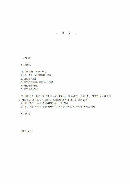 [간호지도자론E]매니지얼 그리드 이론을 기초로 하여 지도자 유형 사정, 리더십 스타일이 조직에 미치는 영향
