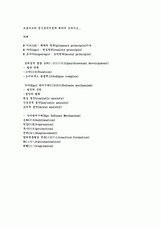 프로이드의 정신분석이론에 대하여 논하시오...