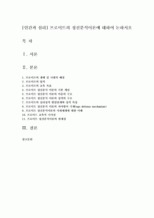 [인간과 심리] 프로이트의 정신분석이론에 대하여 논하시오