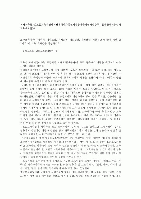 교과교육론3B)표준보육과정사회관계의사소통신체운동예술경험자연탐구기본생활영역2~3세보육계획안00