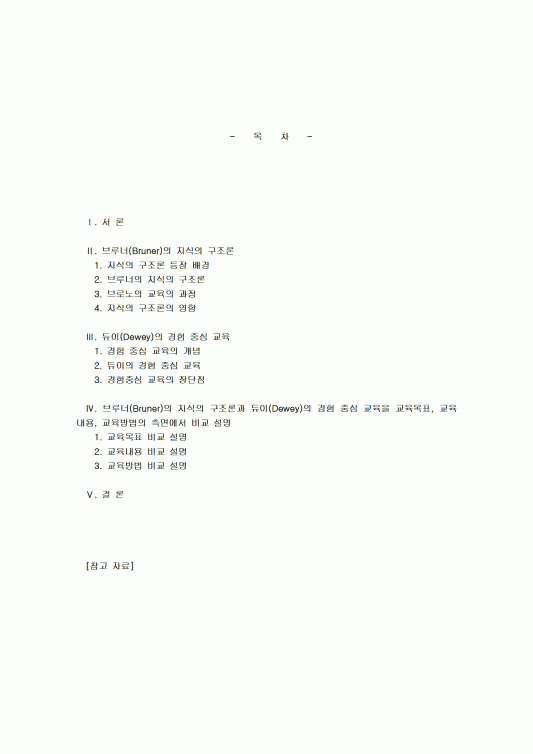 [교육과정및평가]브루너(Bruner)의 지식의 구조론과 듀이(Dewey)의 경험 중심 교육을 교육목표, 교육내용, 교육방법의 측면에서 비교, 설명