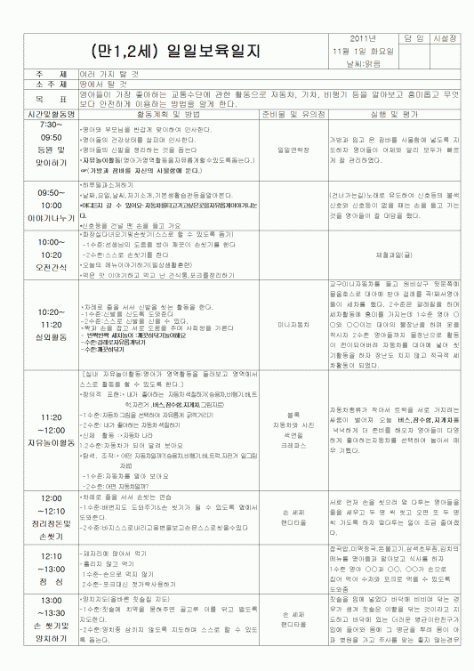 [2011년 11월][완벽평가인증]어린이집 일일보육일지