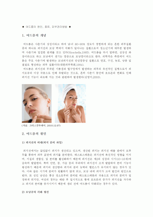 여드름의 원인, 종류, 피부관리방법 - 여드름 상태별 분류, 등급별 분류, 피부 형태에 따른 관리방법