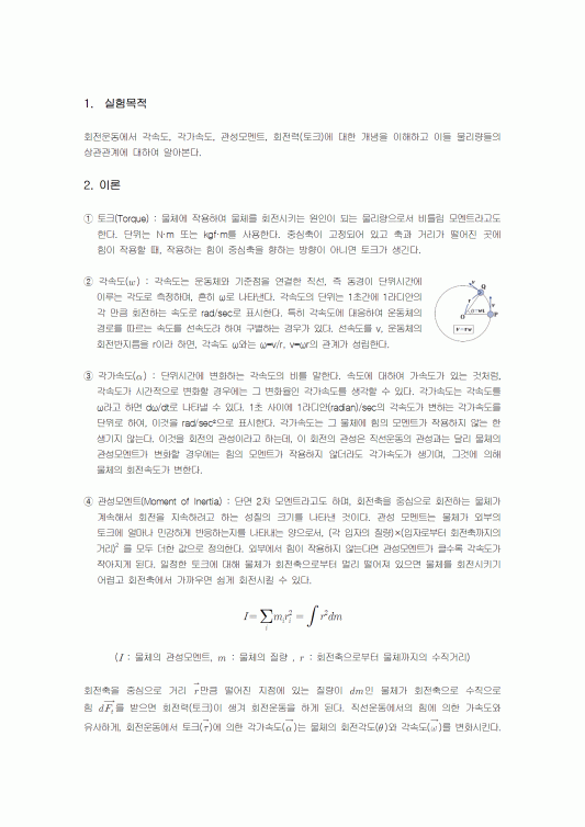 [기초물리실험] 회전운동 - 회전운동에서 각속도, 각가속도, 관성모멘트, 회전력(토크)에 대한 개념을 이해하고 이들 물리량들의 상관관계에 대하여 알아본다