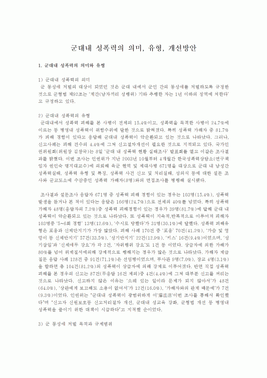 군대내 성폭력의 의미, 유형, 개선방안