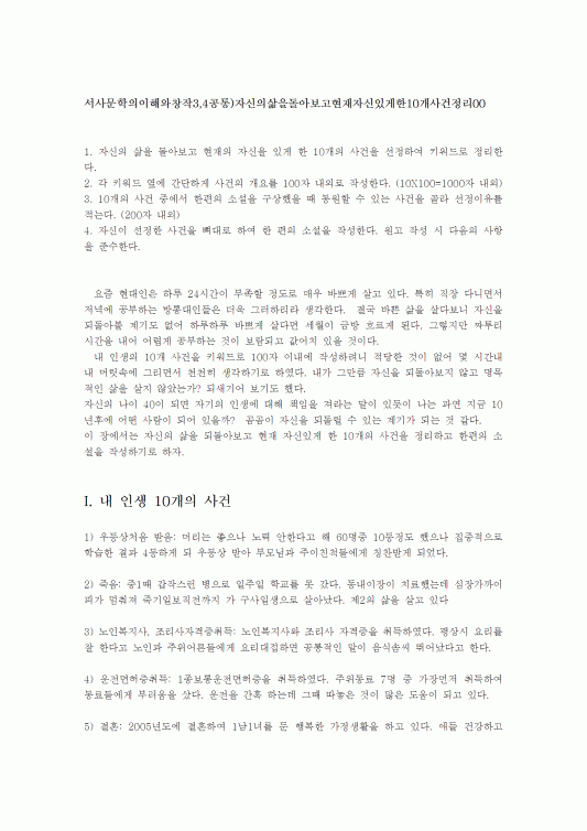 서사문학의이해와창작3,4공통)자신의삶을돌아보고현재자신있게한10개사건정리00