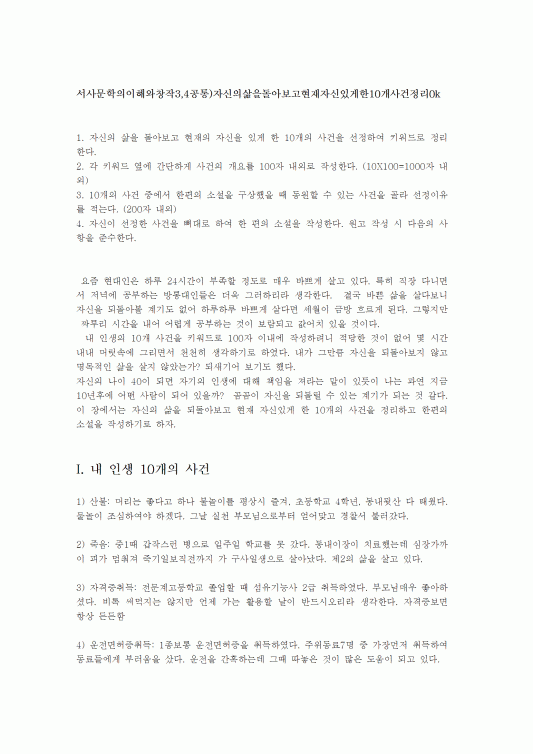 서사문학의이해와창작3공통)자신의 삶을 돌아보고 현재 자신에게 가장 크게 영향을 끼친 사건 5개정리0k - 내인생 5개의 사건, 선정이유, 소설제목, 작성후기