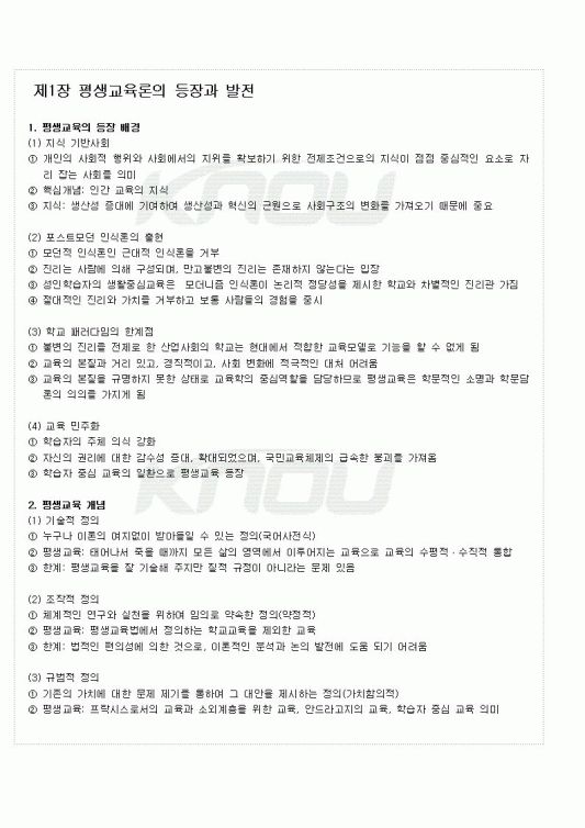 2012년 1학기 평생교육론 중간시험 핵심체크