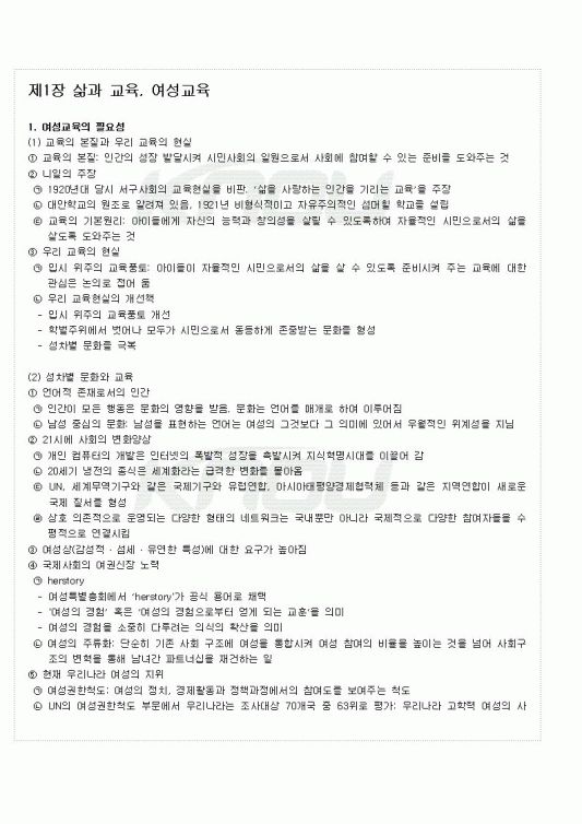 2012년 1학기 여성교육론 중간시험 핵심체크