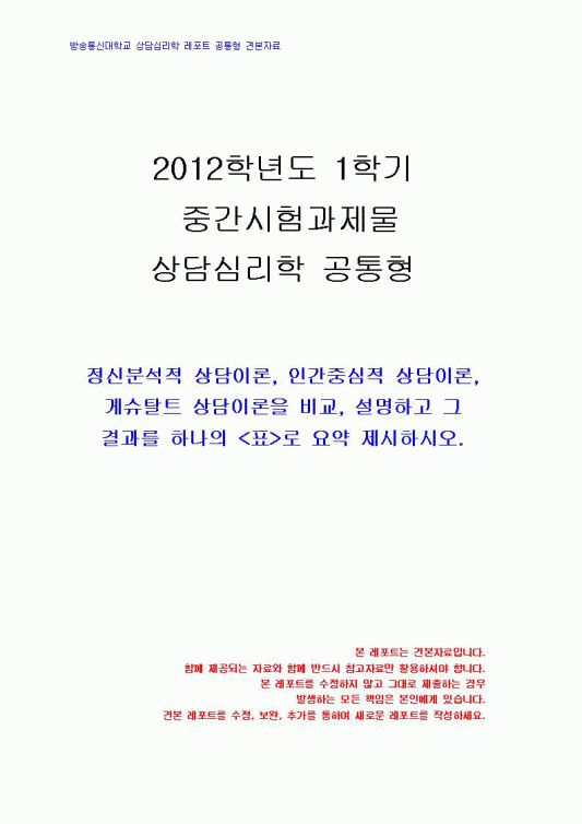 2012년 1학기 상담심리학 중간시험과제물 공통(인간중심적,정신분석적,게슈탈트상담이론)