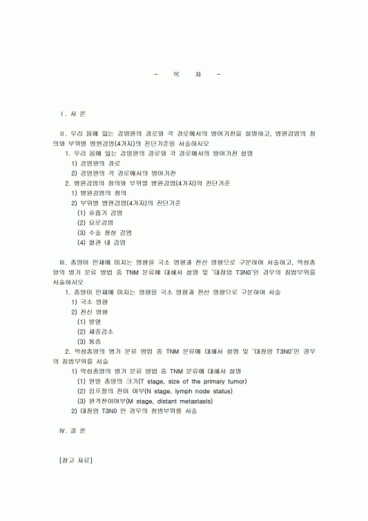 [기초간호과학]우리 몸에 있는 감염원의 경로와 방어기전, 부위별 병원감염 정의와 진단기준, 종양의 국소 영향과 전신 영향, TNM 분류설명 및 ‘대장암 T3N0의 침범부위 서술