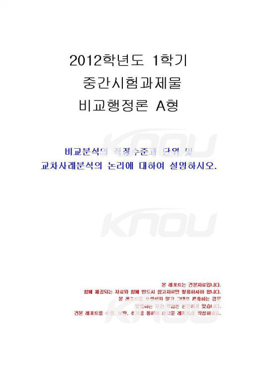 2012년	1학기 비교행정론 중간시험과제물	A형(비교분석,교차사례분석)