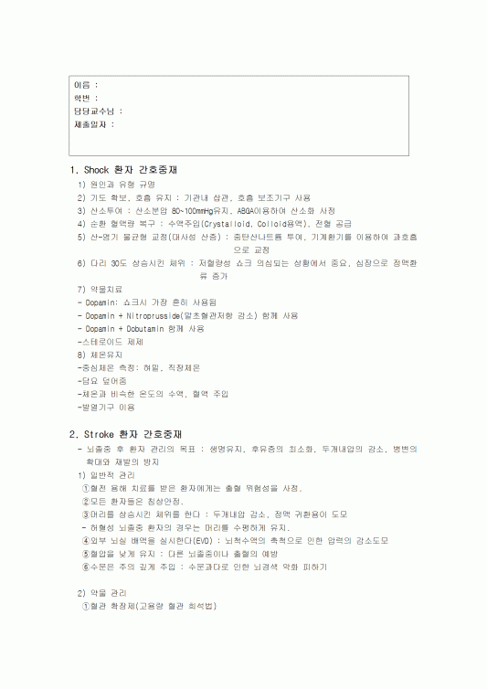 응급실(ER) 케이스 (Shock, Cardiac arrest, TA ,두부손상,흉부손상,복부손상,화상 환자 등) 문헌고찰, 간호, 치료, 케이스까지