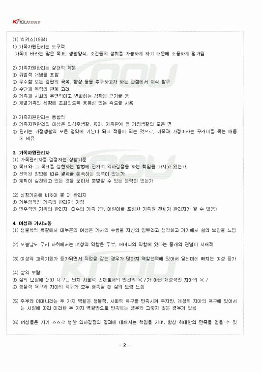 2012년 1학기 가족자원관리학 출석대체시험 핵심체크