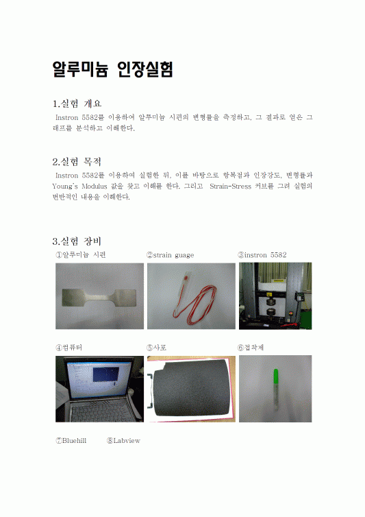 알루미늄 인장실험 - Instron 5582를 이용하여 알루미늄 시편의 변형률을 측정하고, 그 결과로 얻은 그래프를 분석하고 이해한다.