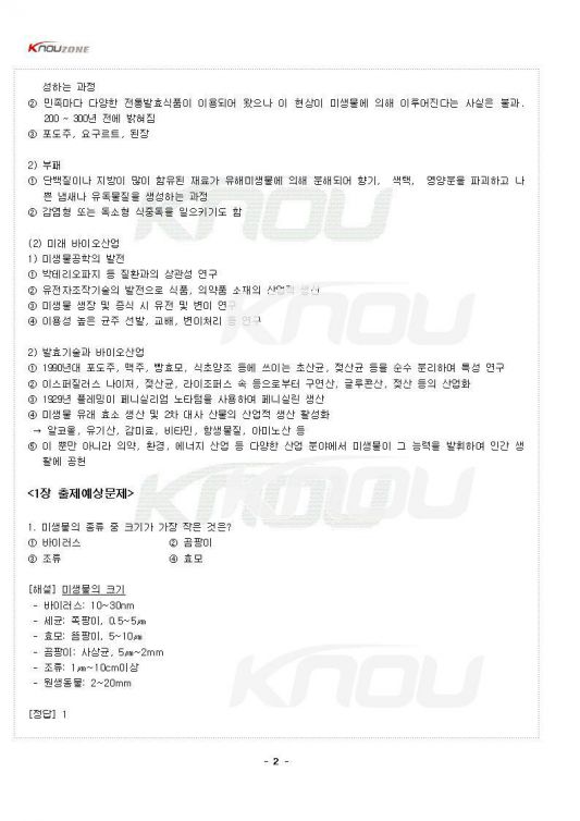2012년 1학기 식품미생물학 출석대체시험 핵심체크