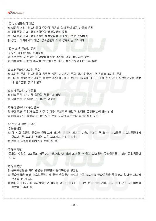 2012년 1학기 청소년문화 출석대체시험 핵심체크
