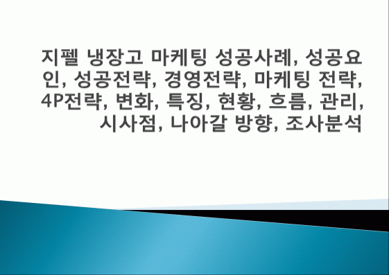 지펠(zipel) 냉장고 마케팅 성공사례, 성공요인, 성공전략, 경영전략, 마케팅 전략, 4P전략, 변화, 특징, 현황, 흐름, 관리, 시사점, 나아갈 방향, 조사분석