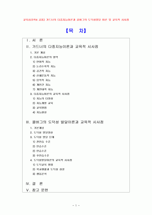 교육심리학4 공통) 가드너의 다중지능이론과 콜버그의 도덕성발달 이론 및 교육적 시사점