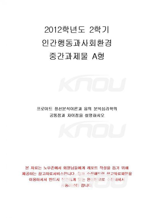 2012년 2학기 인간행동과사회환경 중간시험과제물 A형(프로이트 정신분석이론과 융의 분석)
