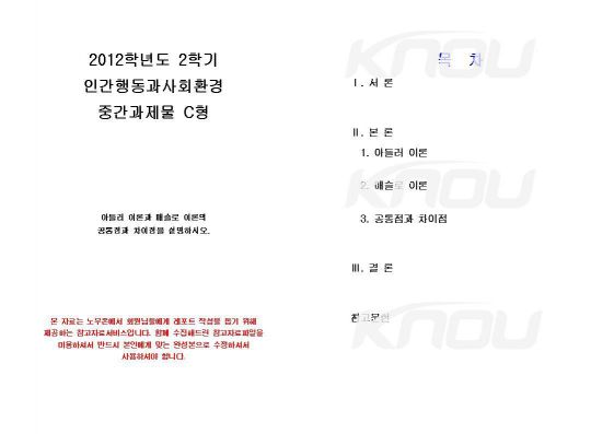 2012년 2학기 인간행동과사회환경 중간시험과제물 C형 (아들러 이론과 매슬로 이론)