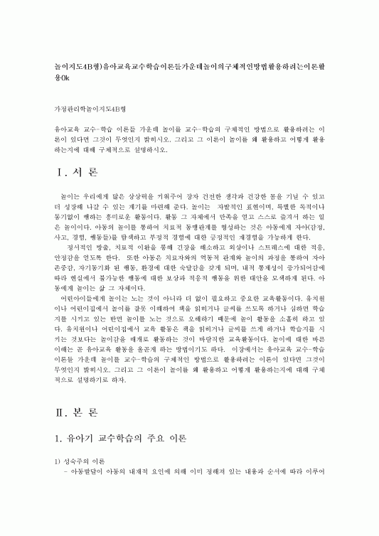 놀이지도4B형)유아교육교수 학습이론들 가운데 놀이의 구체적인 방법 활용하려는 이론활용0k