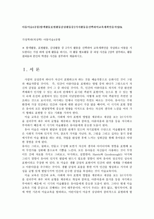 아동미술4공통)탐색활동표현활동감상활동중2가지활동을선택하여교육계획안을작성0k