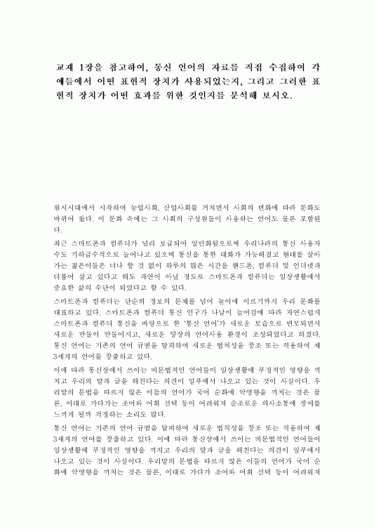 교재 1장을 참고하여, 통신 언어의 자료를 직접 수집하여 각 예들에서 어떤 표현적 장치가 사용되었는지, 그리고 그러한 표현적 장치가 어떤 효과를 위한 것인지를 분석해 보시오.
